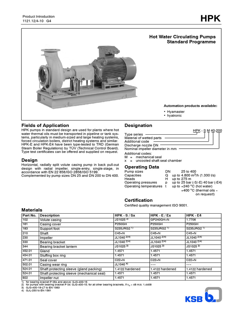 KSB HPK Catalogos | PDF | Pump | Mechanical Engineering