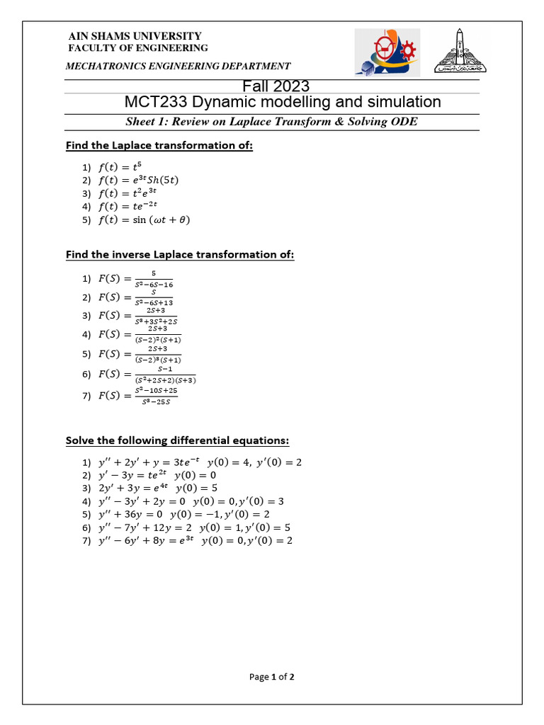 Sheet 1 Dynamic Modelling | PDF | Laplace Transform | Ordinary Differential Equation