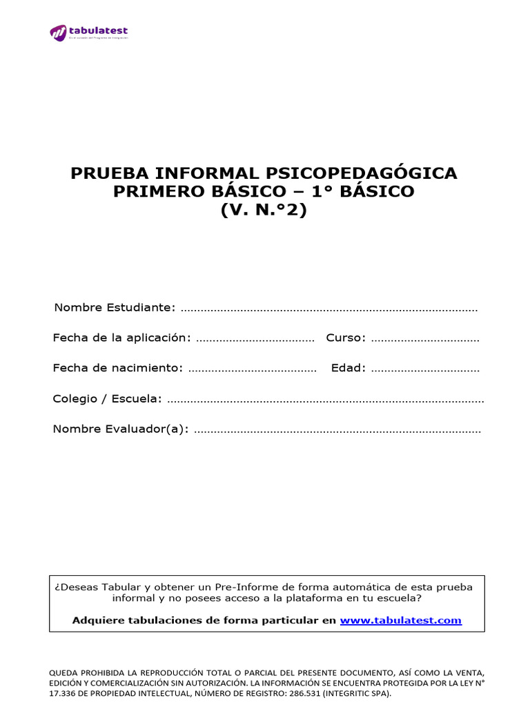 Prueba 1° Basico TABULATEST | PDF