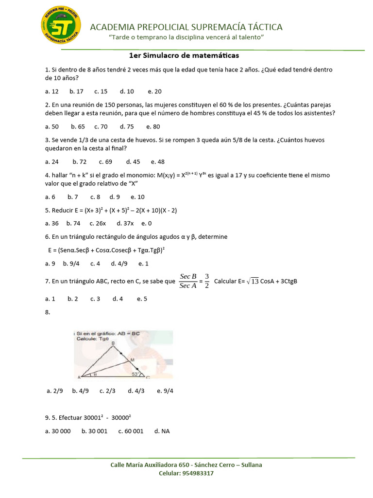 1er Simulacro Matematicas | PDF