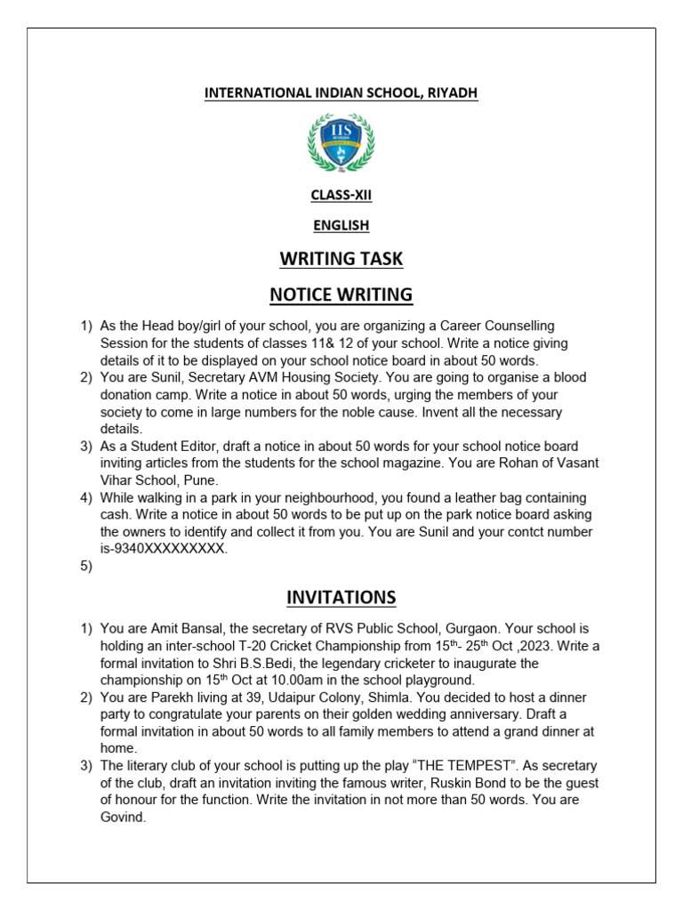 Writing Tasks for Class XII English | PDF
