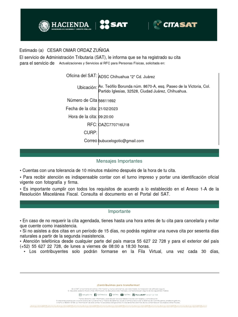 Cita SAT RFC Personas Físicas 2023 | PDF