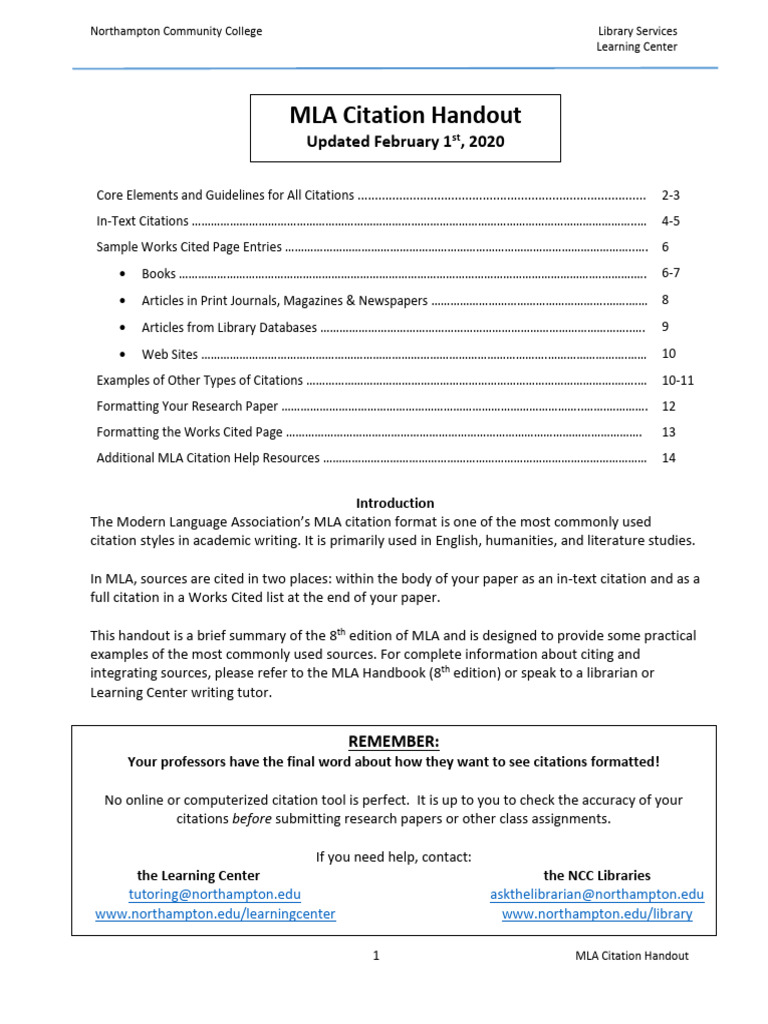 MLA Format - NCC Library Handout (New) | PDF | Citation | Ellipsis