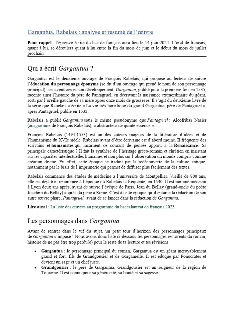 Gargantua, Rabelais - Analyse Et Résumé de L'œuvre | PDF Gargantua, Rabelais - Analyse Et Résumé de L'œuvre | PDF