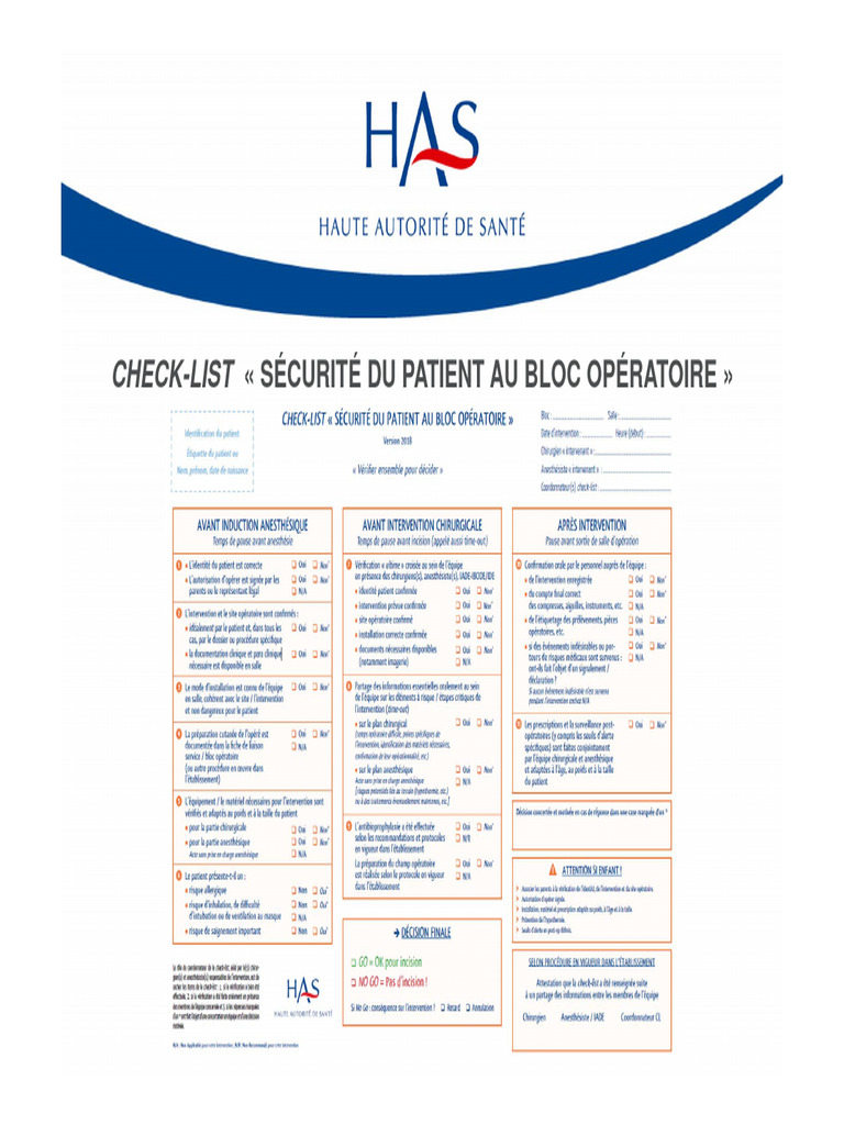 Check-list Sécurité Patient Bloc Opératoire | PDF
