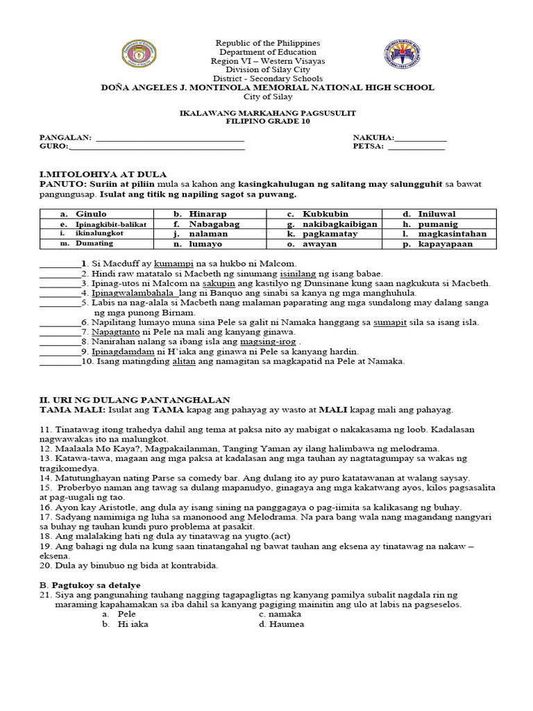 filipino 10 - 2nd quarter exam | PDF