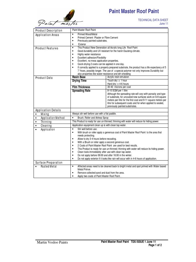 PAINT MASTER ROOF PAINT - TDS | Paint | Acrylic Paint