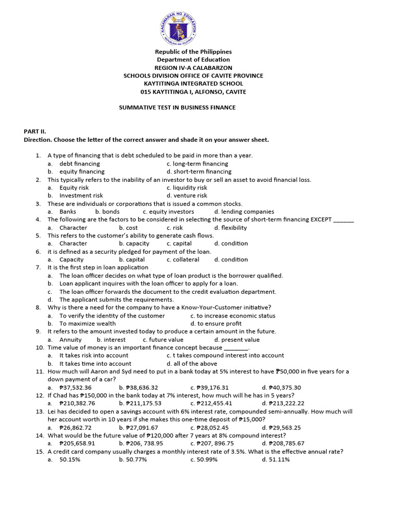 Business Finance Summative Test | PDF | Net Present Value | Loans
