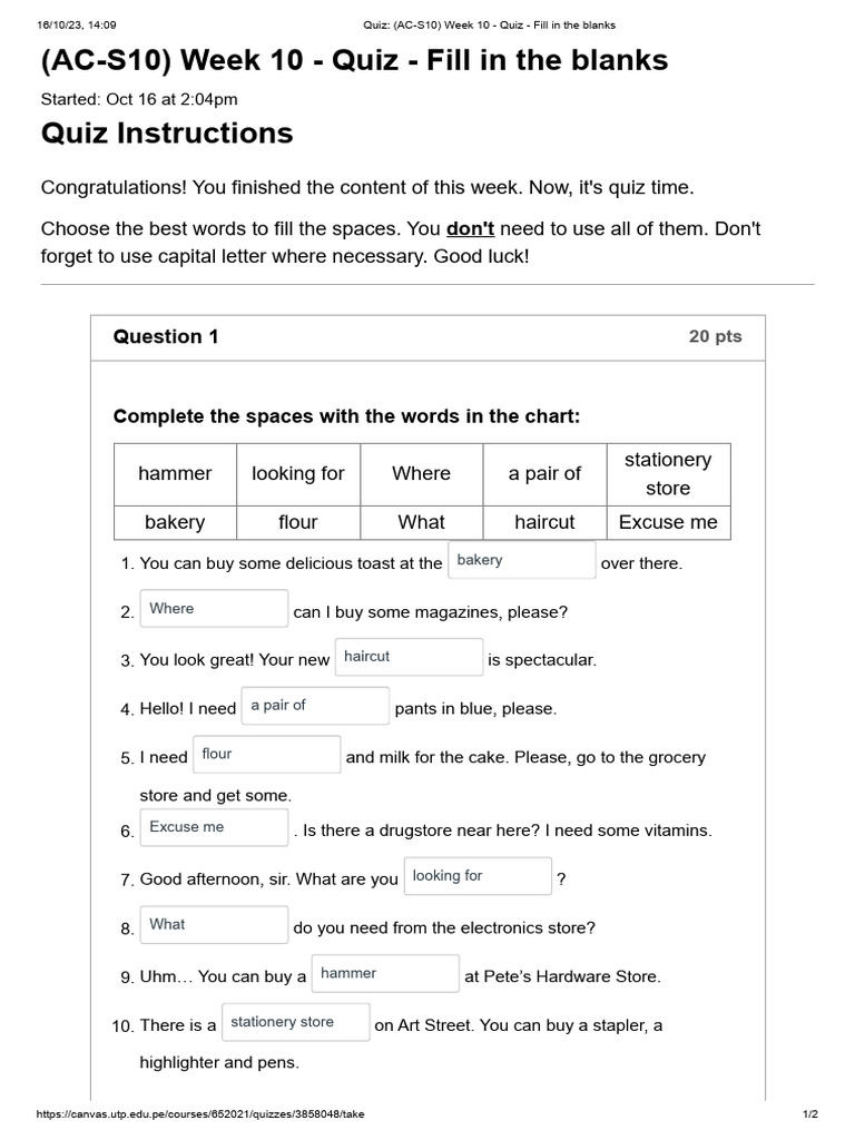 Quiz - (AC-S10) Week 10 - Quiz - Fill in The Blanks | PDF