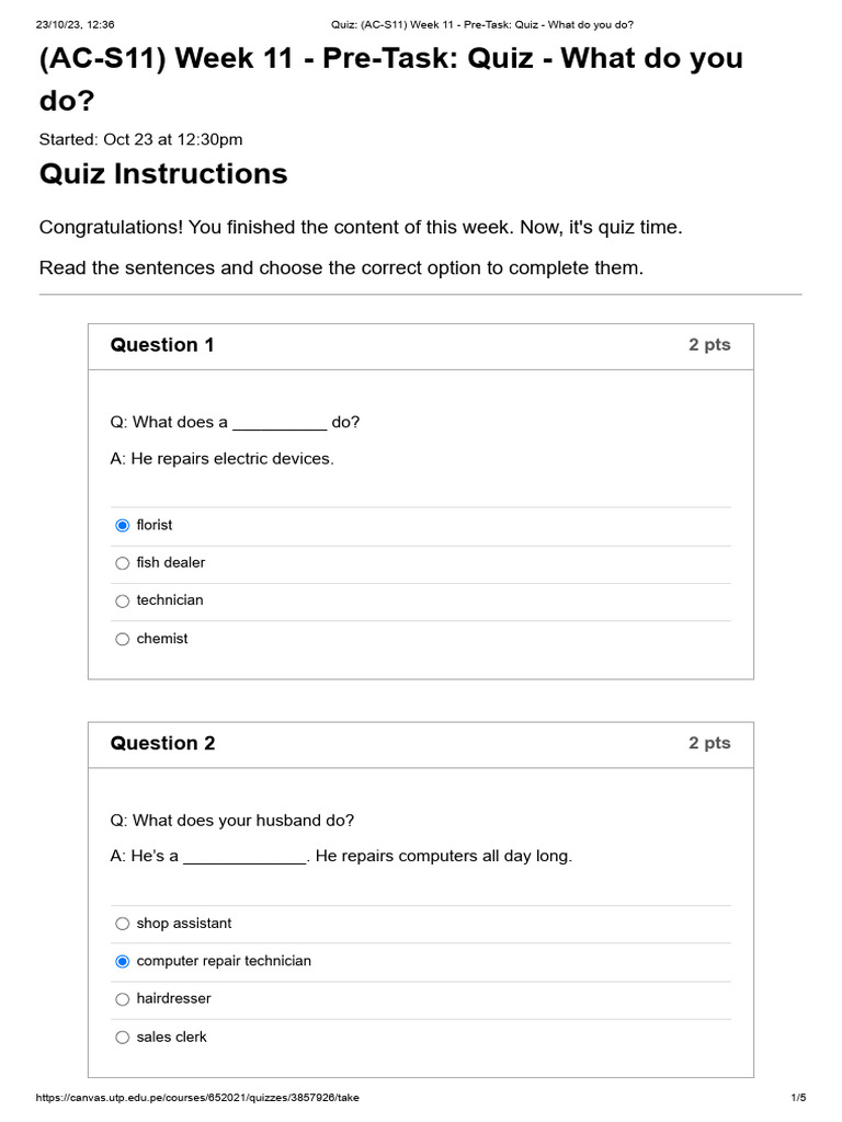 Quiz - (AC-S11) Week 11 - Pre-Task - Quiz - What Do You Do | PDF