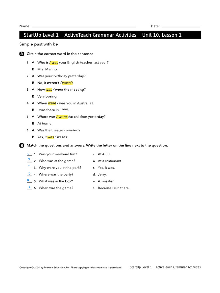 Unit 9, Lesson 1, Page 86, Grammar Activities | PDF