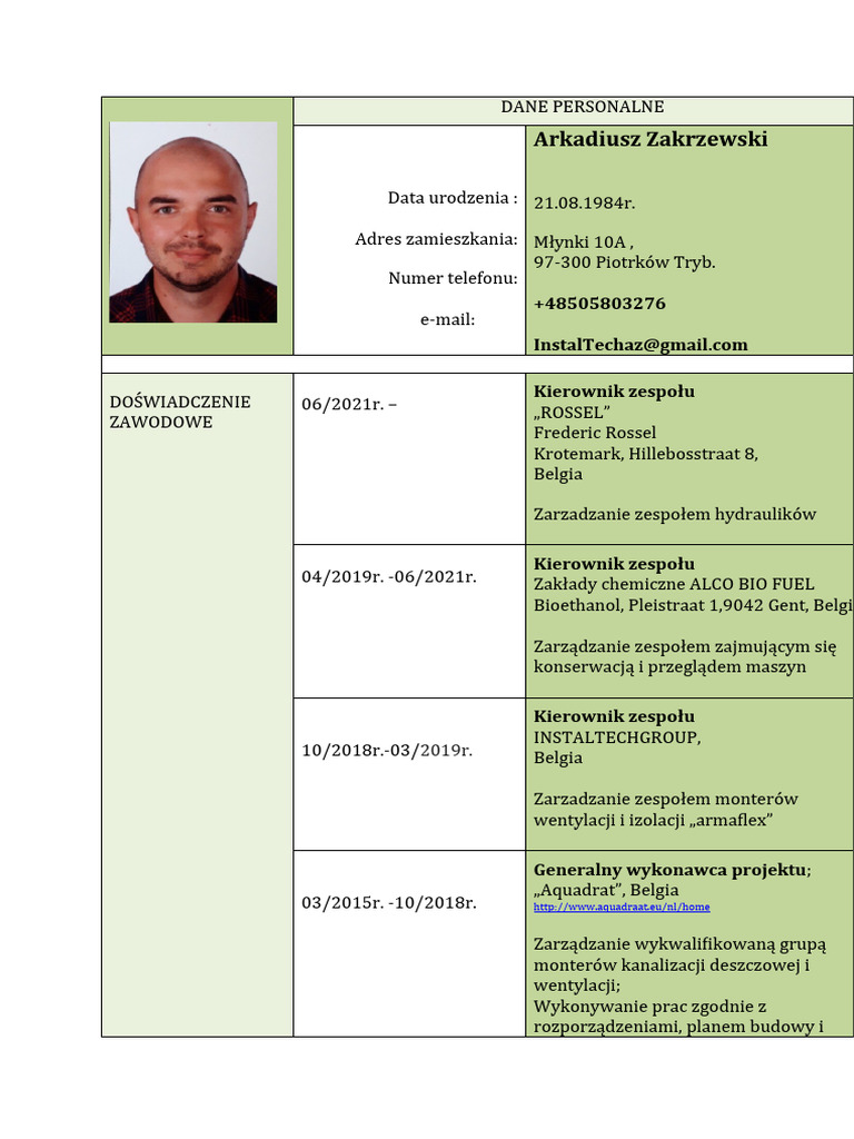 Arkadiusz Zakrzewski CV j. Polski | PDF