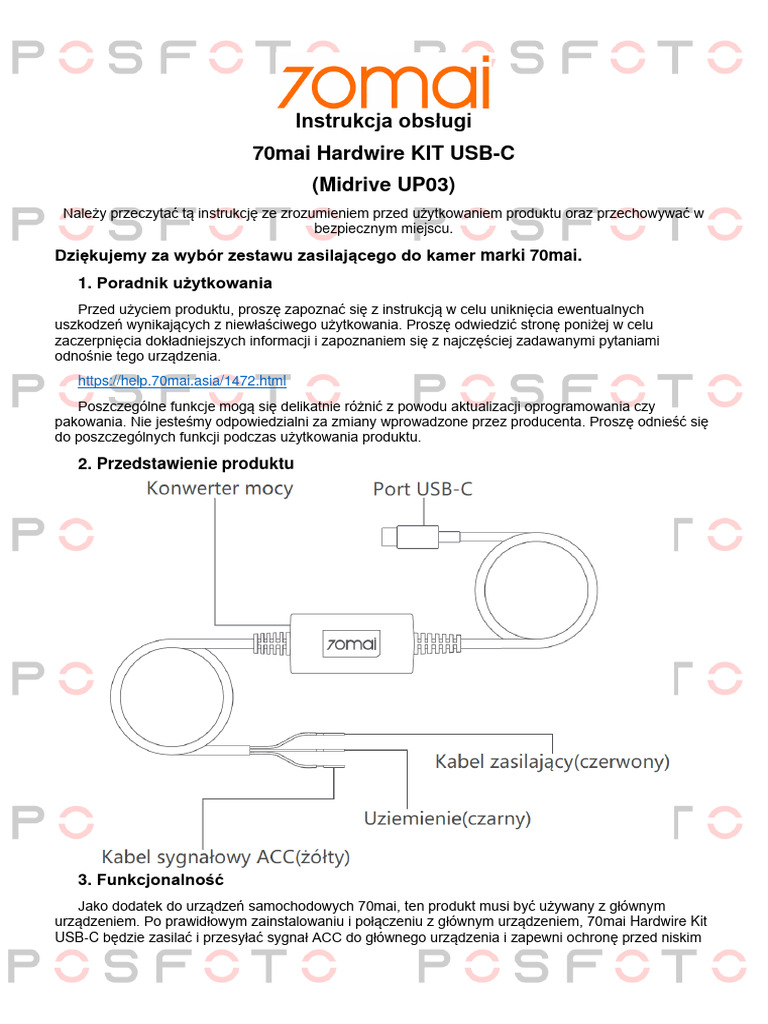 70mai UP03 Hardwire Kit USB C PL | PDF