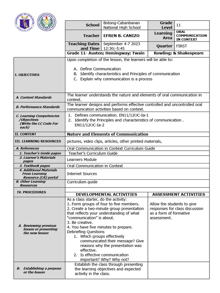 Grade 11 Oral Communication Lesson Plan | PDF | Learning | Communication