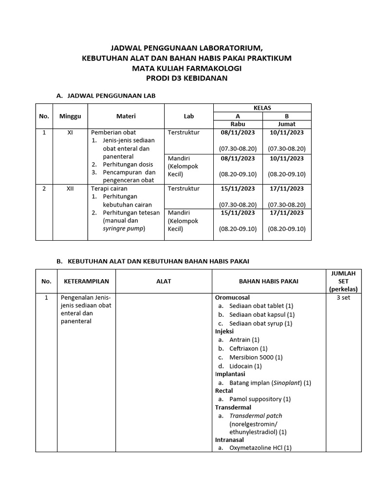 JADWAL PENGGUNAAN LAB Dan ALAT HABIS PAKAI - Farmako (Rev) | PDF