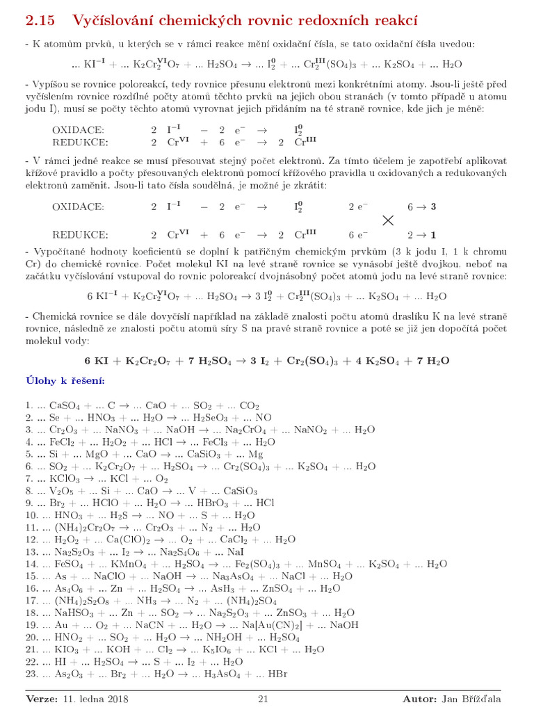 Vycislovani Chemickych Rovnic Redoxnich Reakci | PDF