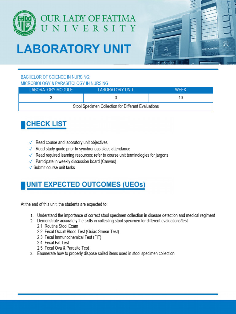 Stool Specimen Collection Course Unit - Micro-Para Lab | PDF | Human ...