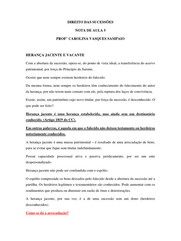 Herança Jacente e Vacante: Conceitos e Prazo | PDF | Estatuto de ...