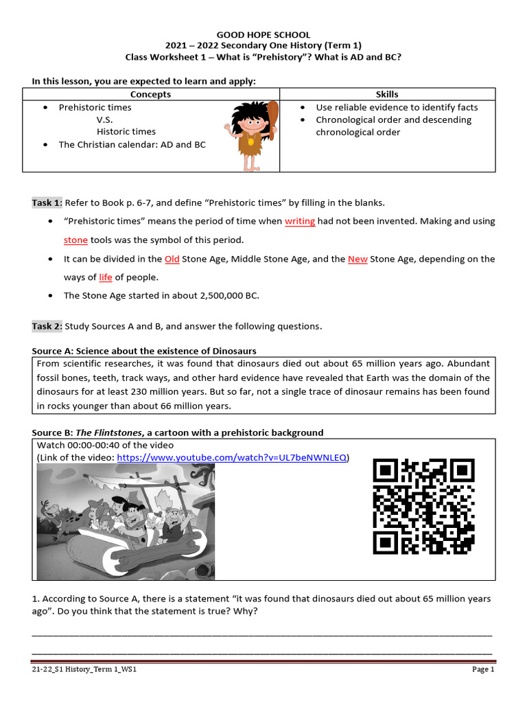 21-22 Class WS1 - What Is Prehistory - Answer | PDF | Anno Domini | Stone Age
