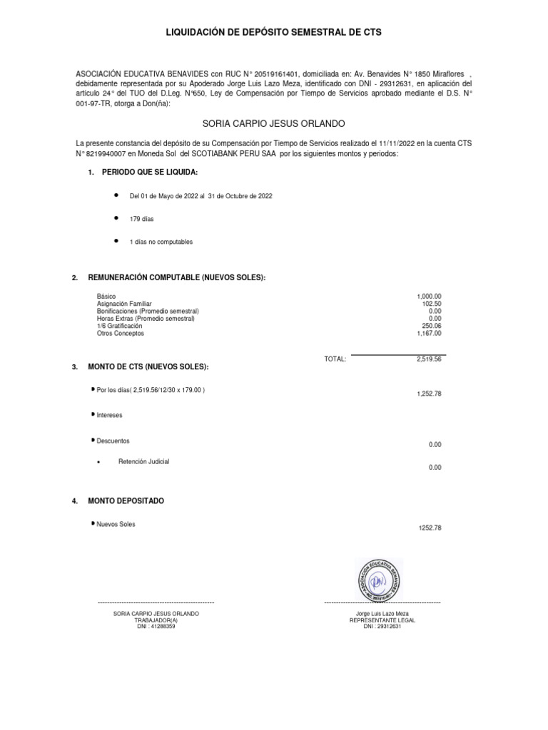 Liquidación CTS Semestral 2022 | PDF