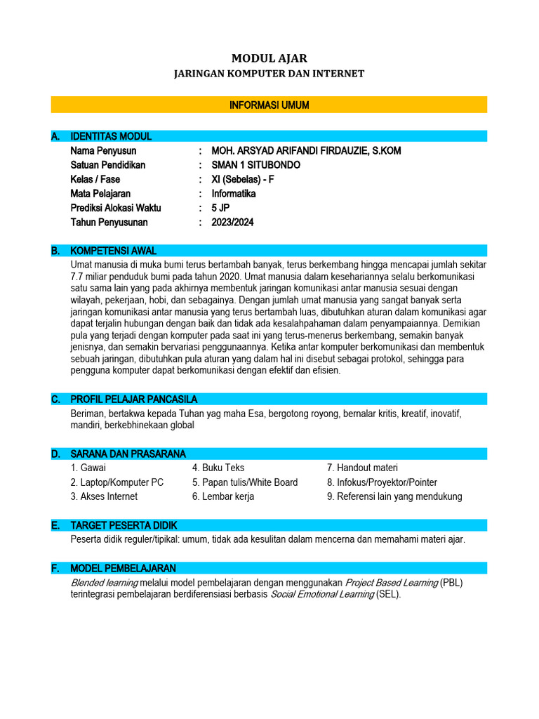 Modul Ajar Informatika - Jaringan Komputer Dan Internet | PDF