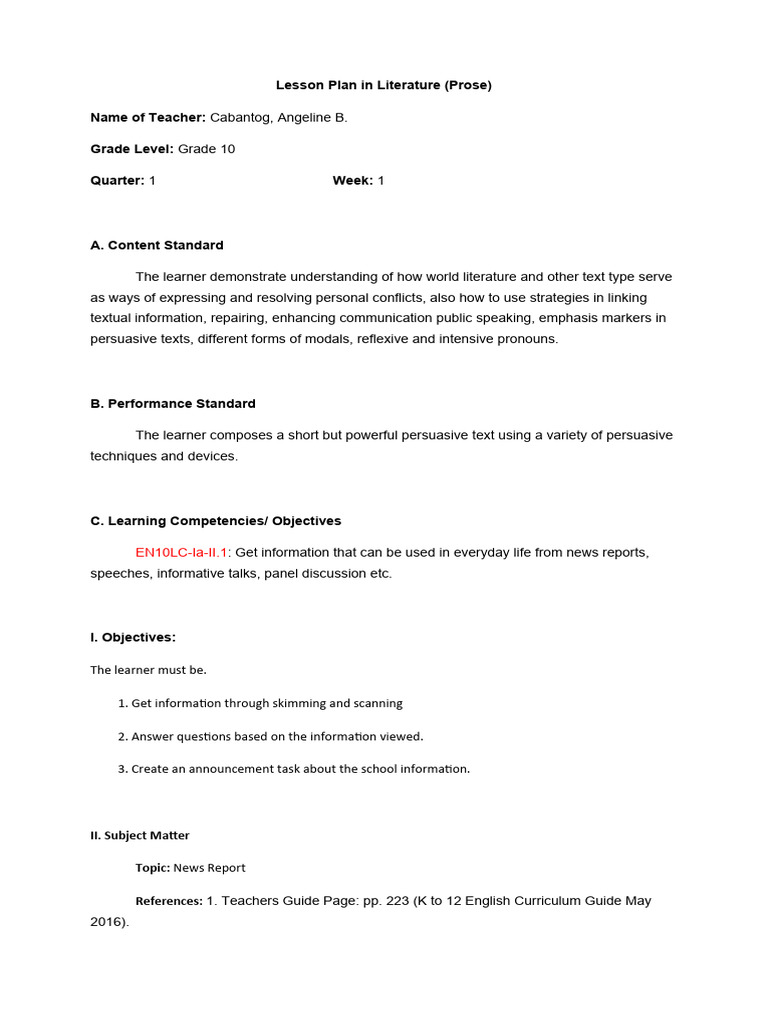 Cabantog Lesson Plan, Prose | PDF