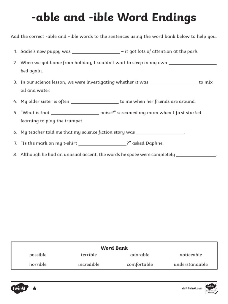 Able And Ible Word Endings Differentiated Activity Sheets PDF