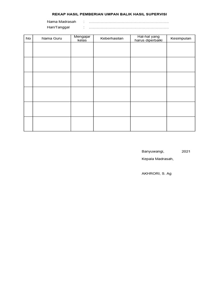 Format Rekap Umpan Balik Hasil Supervisi | PDF