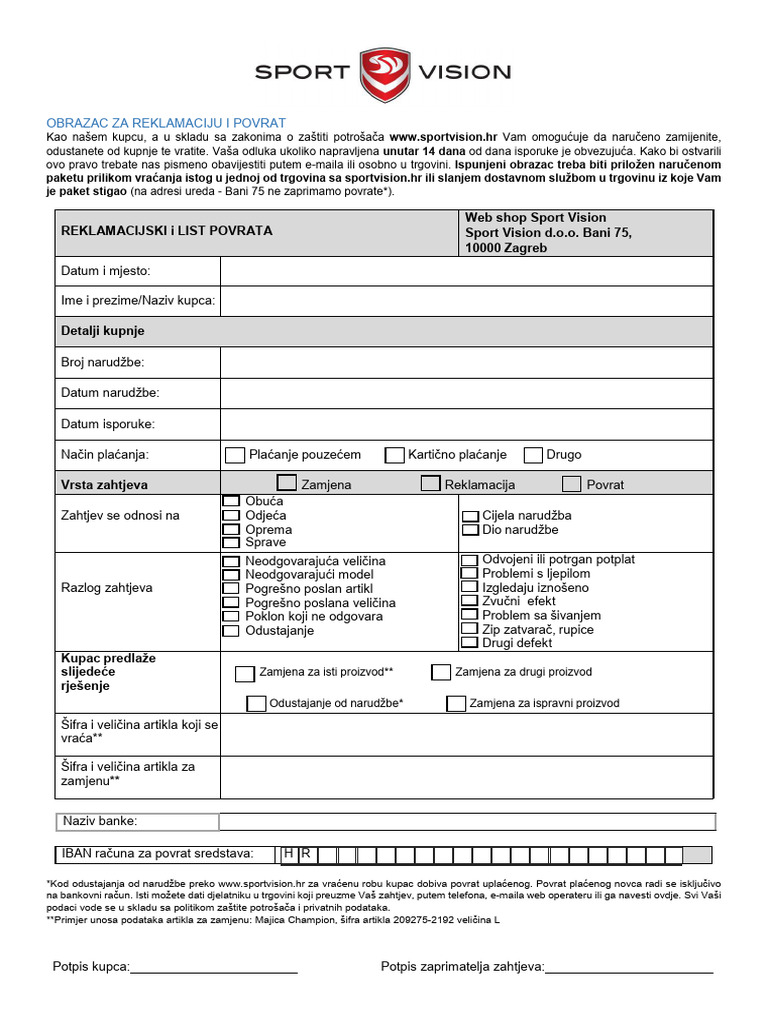 SV - Obrazac - Reklamacije I Povrati - 10122021 | PDF