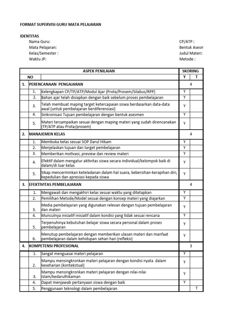 Format Supervisi_petunjuk Skoring_2023 2024 | PDF