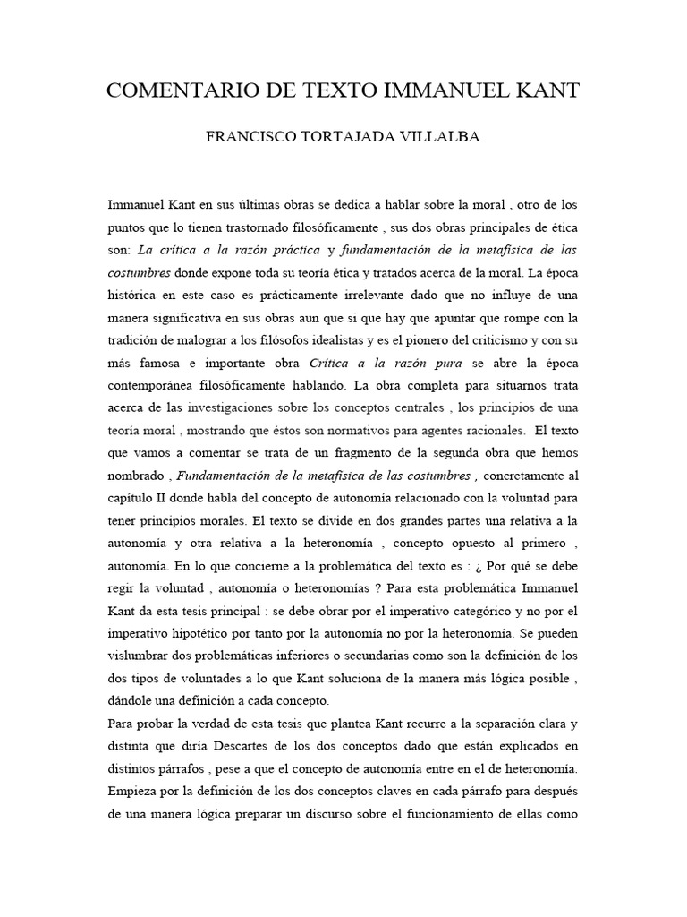 Comentario de Texto Immanuel Kant | PDF | Immanuel Kant | Autonomía