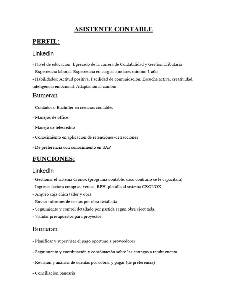 Perfil y Funciones de Un Asistente Contabler | PDF