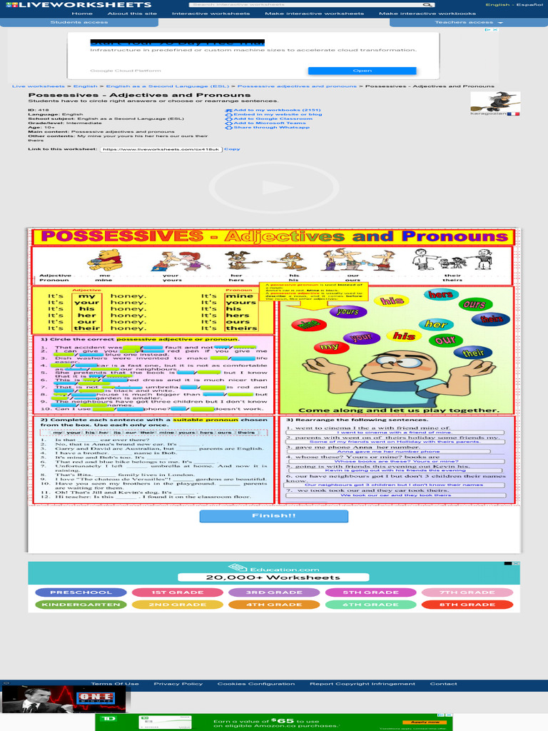 Possessives - Adjectives and Pronouns Worksheet | PDF | English ...