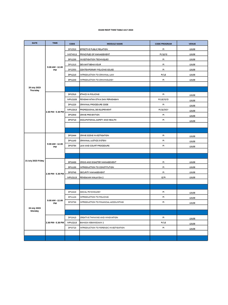 Exam Resit Time Table July 2023 | PDF