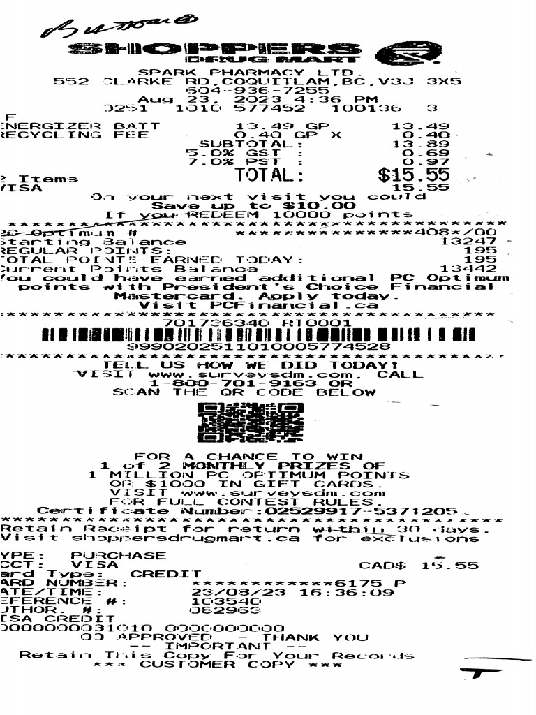 23 August 2023 - Shoppers Drug Mart Reciept | PDF