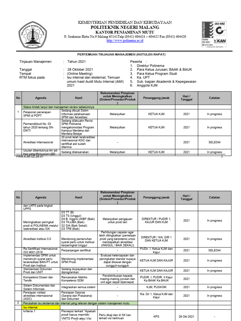 Notulen RTM Tahun 2021 | PDF