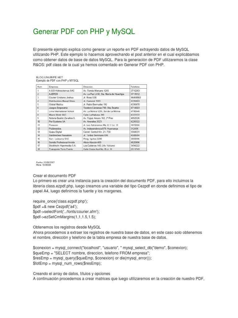 Generar PDF Con PHP y MySQL | PDF | Php | Matriz (Matemáticas)