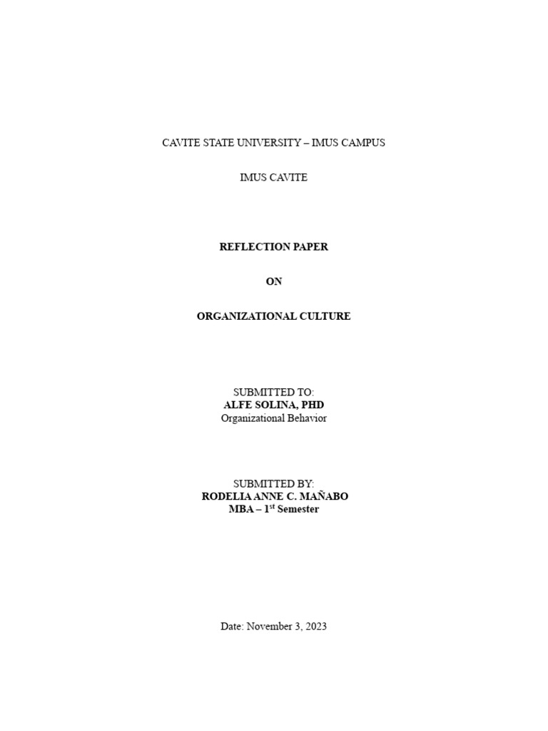 Reflection Paper 4 - Organizational Culture by RACManabo | PDF