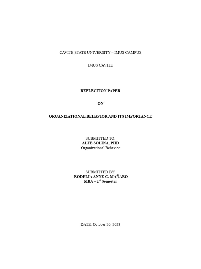 Reflection Paper - Organizational Behavior and Its Importance by RACManabo | PDF ...