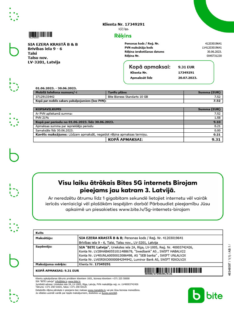 Klienta Nr. 17349291: Personas Kods / Reģ. Nr. PVN Maksātāja Kods Rēķina Izrakstīšanas Datums ...