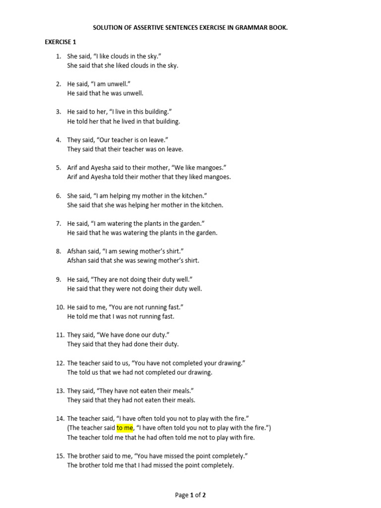 Solution of Assertive Sentences Exercise in Grammar Book 1 | PDF | Language Arts & Discipline