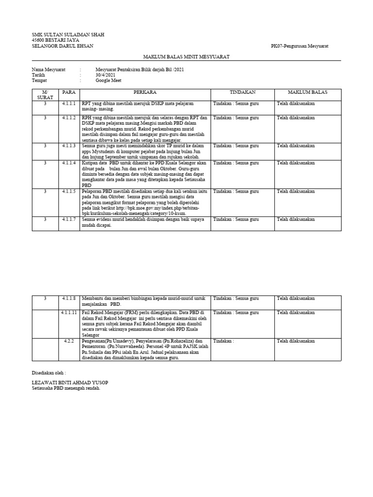Maklum Balas PBD 1 2021 | PDF