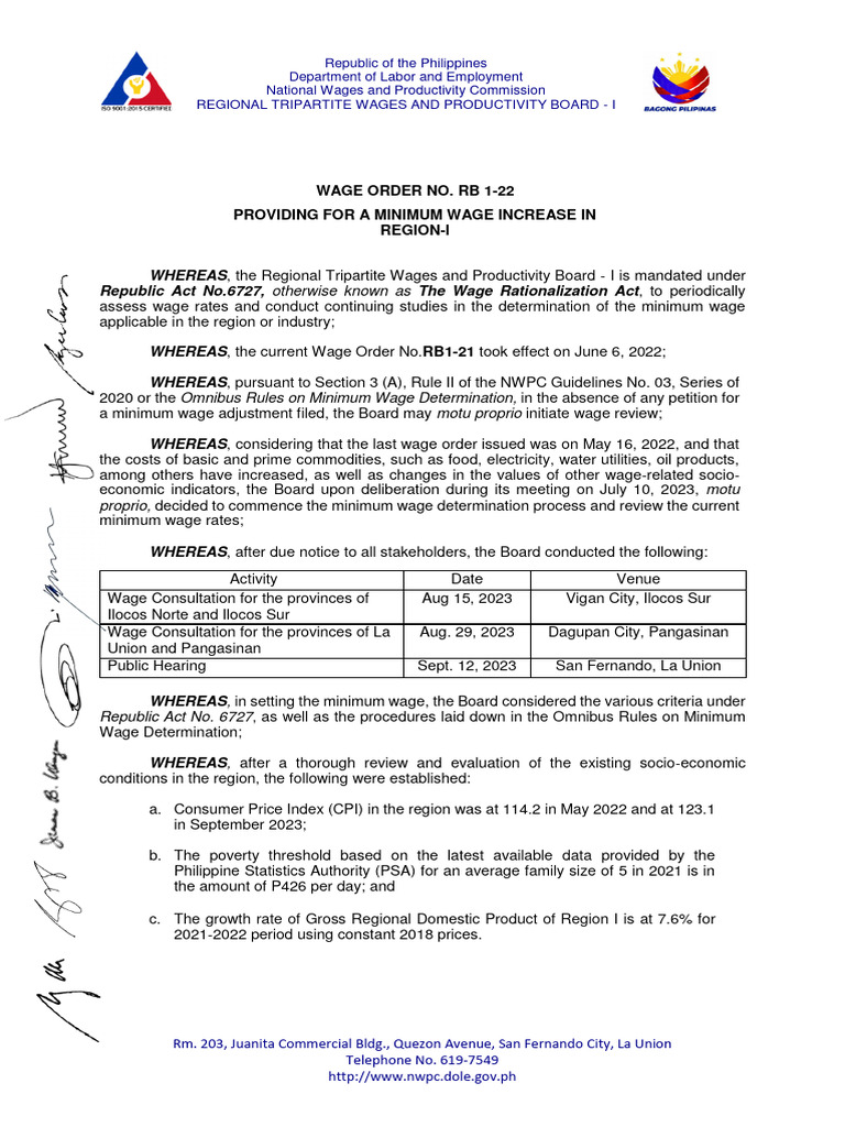 Wage Order No. RB 1 22 | PDF