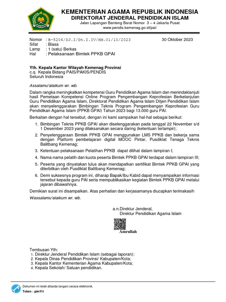 Surat Edaran Bimtek PPKB GPAI Tahun 2023 Tte | PDF