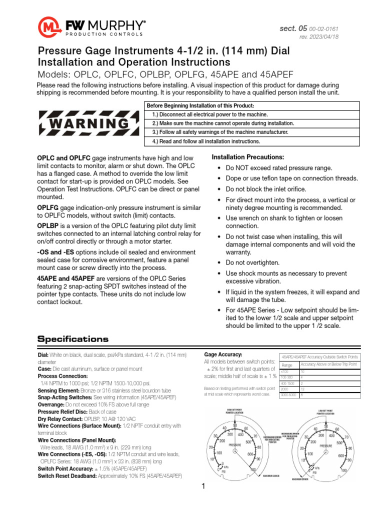 Pressure Gage Instruments 4-1/2 In. (114 MM) Dial Installation and ...