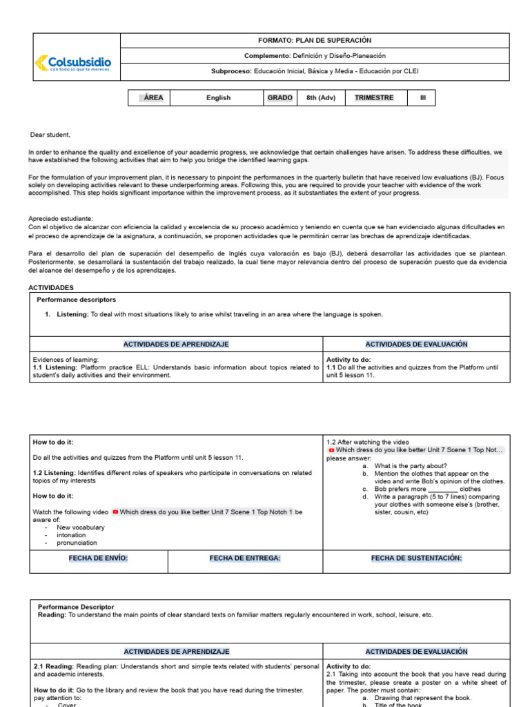 8th Grade Advanced English Improvement Plan - 3rd Term | PDF | News ...
