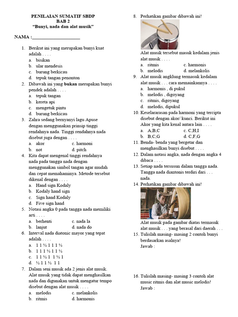 PENILAIAN SUMATIF SBDP Bunyi, Nada Dan Alat Musik | PDF