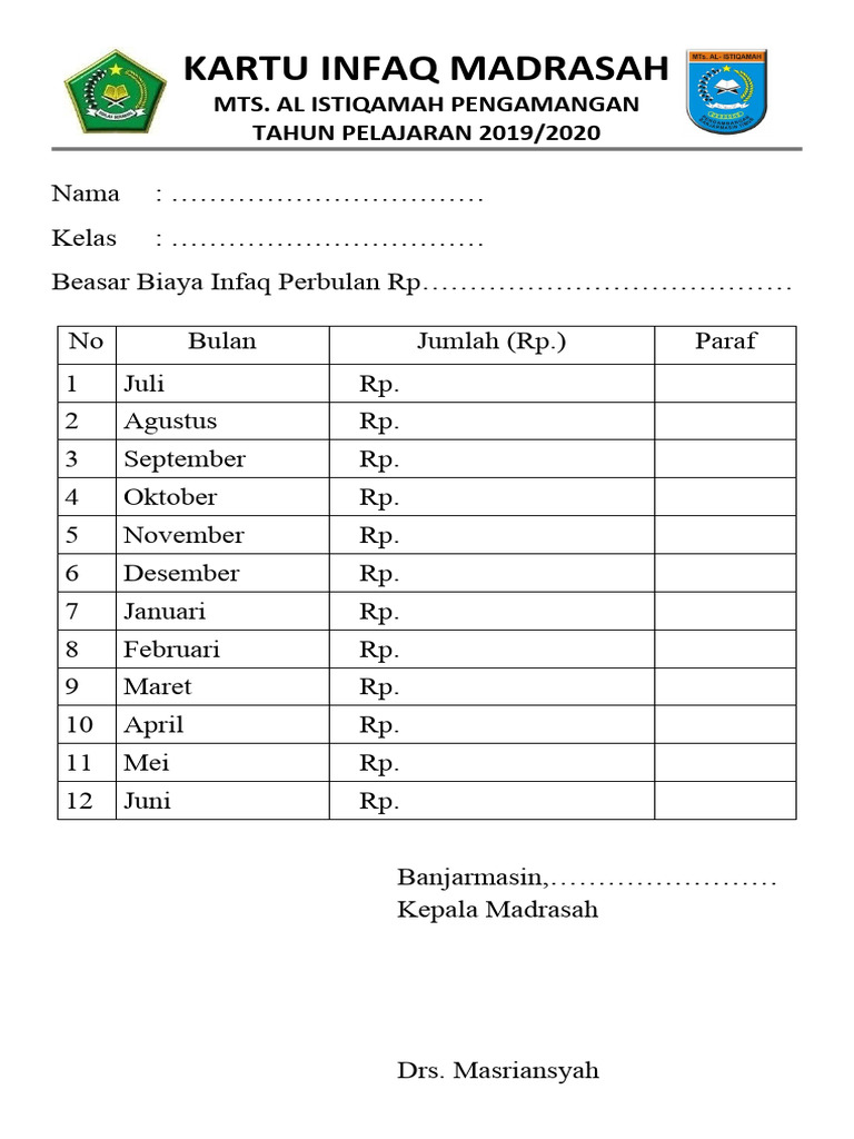 Kartu Infaq Bulanan Madrasah 2019/2020 | PDF