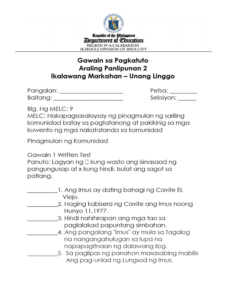 Gawain Sa Pagkatuto Araling Panlipunan 2 Ikalawang Markahan - Unang Linggo | PDF