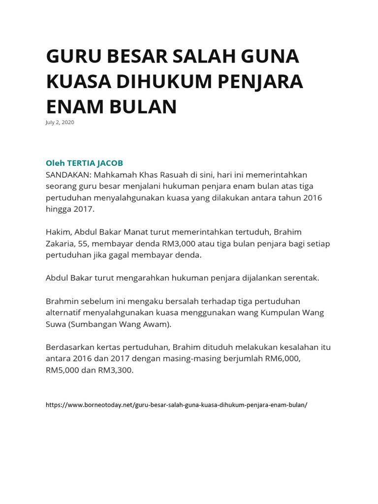 Kes 4 Guru Besar Salah Guna Kuasa Dihukum Penjara Enam Bulan | PDF ...